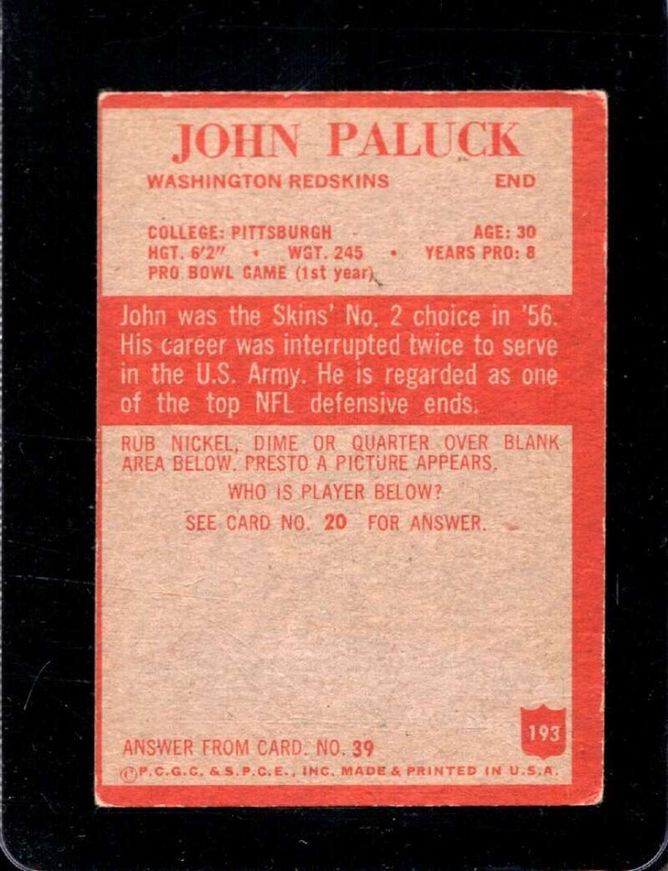 1965 PHILADELPHIA #193 JOHN PALUCK VG REDSKINS (OC) *X59585 | eBay