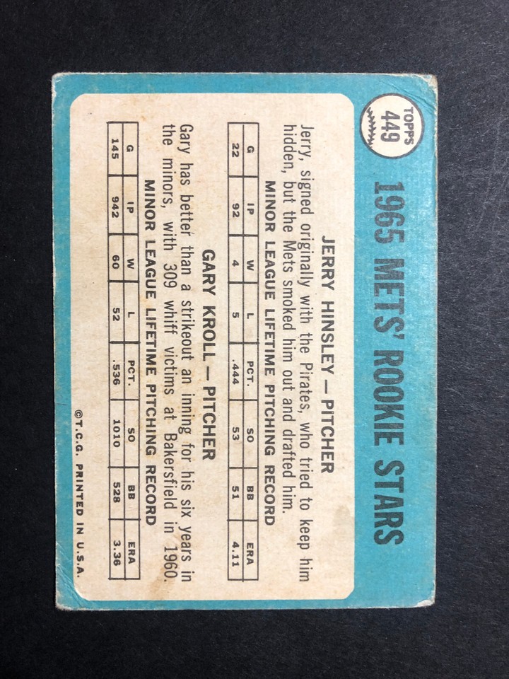 Gary Kroll Jerry Hinsley Signed 1965 Topps Mets Rookie Card 449 Auto ...