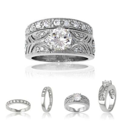Designer Clear CZ Ring W/ Center Round Clear CZ & Clear CZ Wedding Band ...