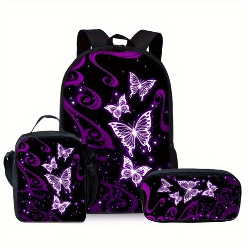 Purple Butterfly Print 3pcs Backpack Set Unisex. Swirl & Floral Design ...