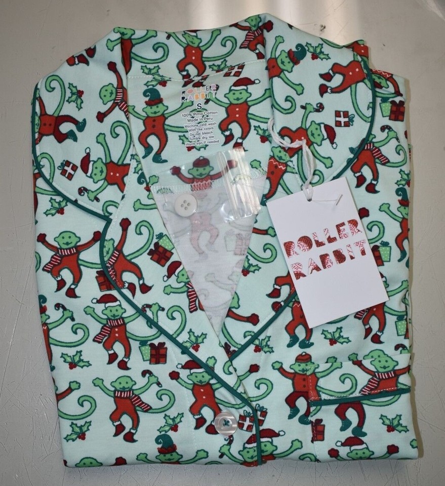 New Roller Rabbit Holiday Monkey Polo PJ Christmas 2023 Pajama Mas Mint ...