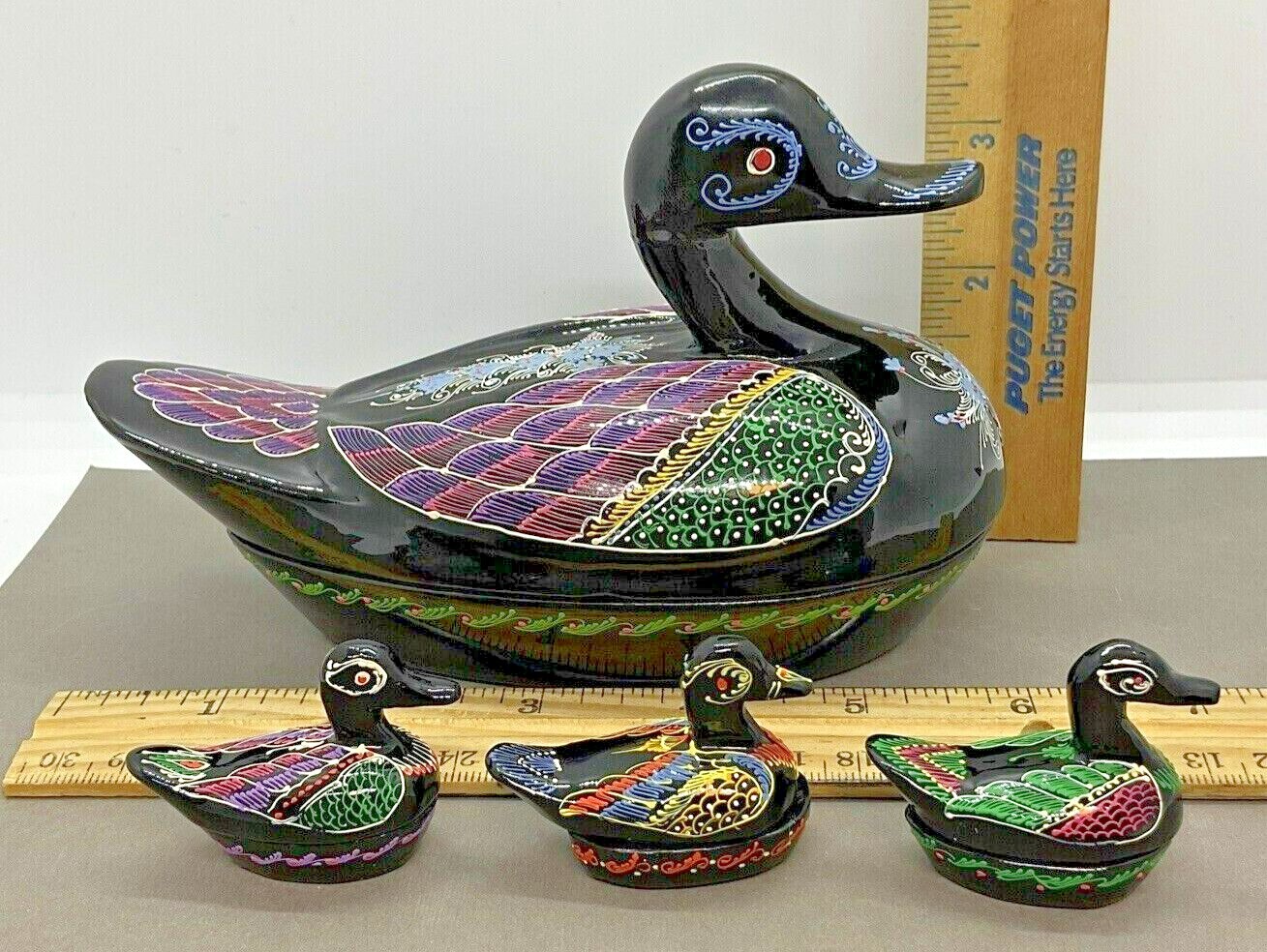 Lacquer Ware Duck 3 Babies Trinket Boxes Hand Painted Black Colorful ...