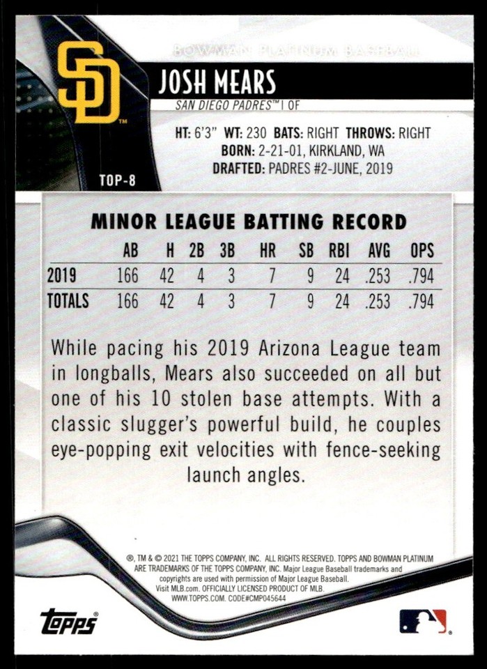 2021 Bowman Platinum Top Prospects Josh Mears San Diego Padres #TOP-8 ...