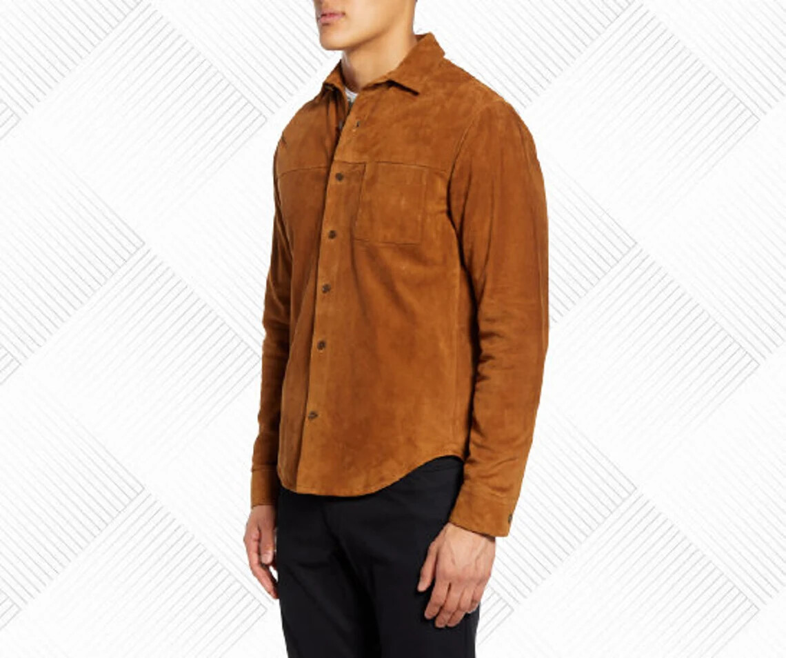 New Design Men's Dark Tan Suede Shirt 100% Real Lambskin Slim Fit ...