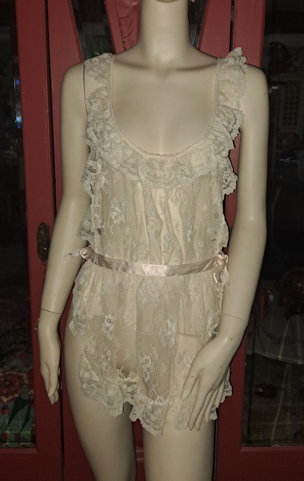 Vtg Flair Lingerie Apron Babydoll Medium Sheer Ivory Floral Lace Tie ...