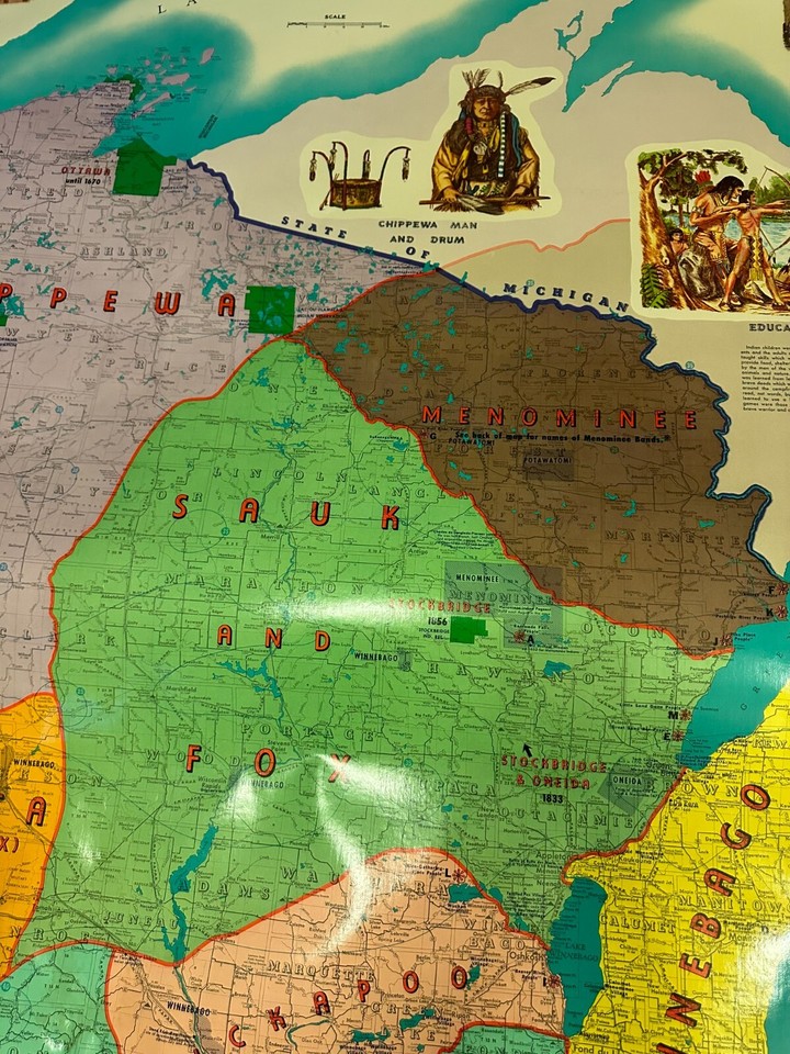 Vintage Pull Down School Map Hearne Brothers Indians of Wisconsin 1940 - 1950's | eBay