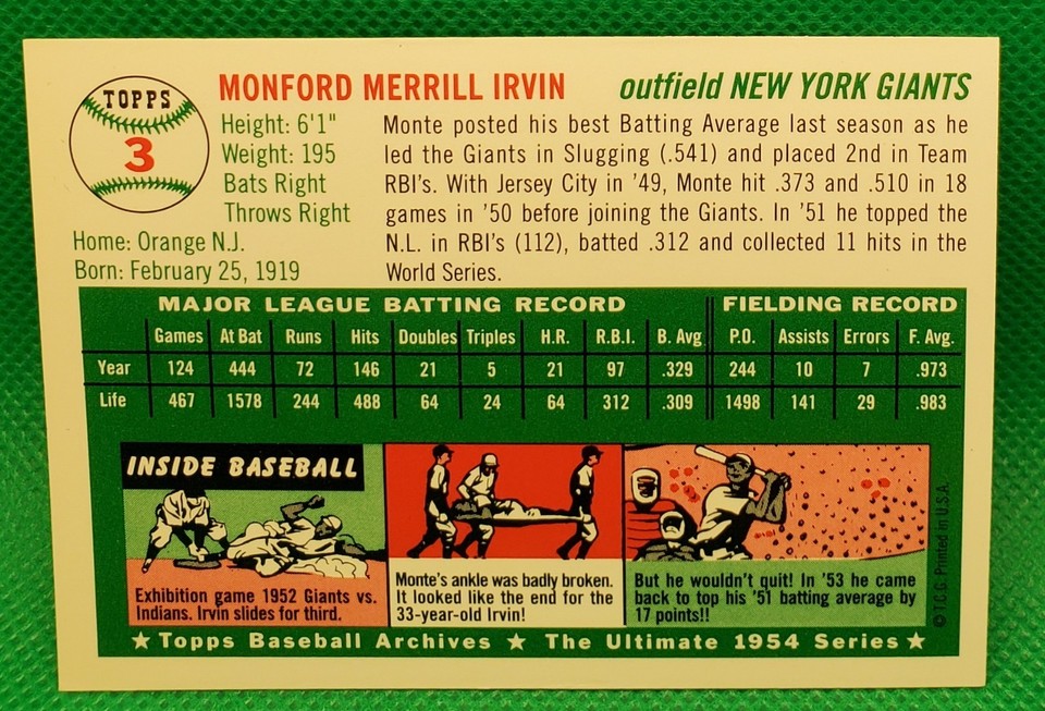 1954 Topps Reprint signed by Monte Irvin | eBay