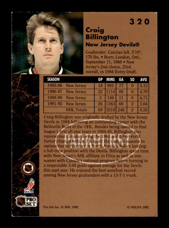 1991-92 Parkhurst # 320 Craig Billington Autograph Signed Card (B2 ...