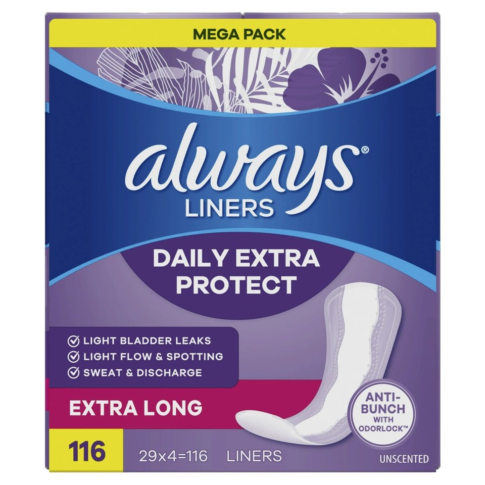 Always Daily Extra Protect Panty Liners, Extra Long Length, Unscented ...