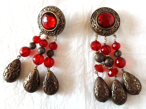 grande boucle clips vintage de 1970 pampille perles rouge et des ...