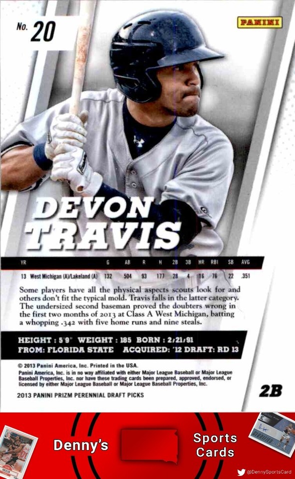 2013 Prizm Perennial Draft Picks #20 Devon Travis Tigers Baseball Card ...