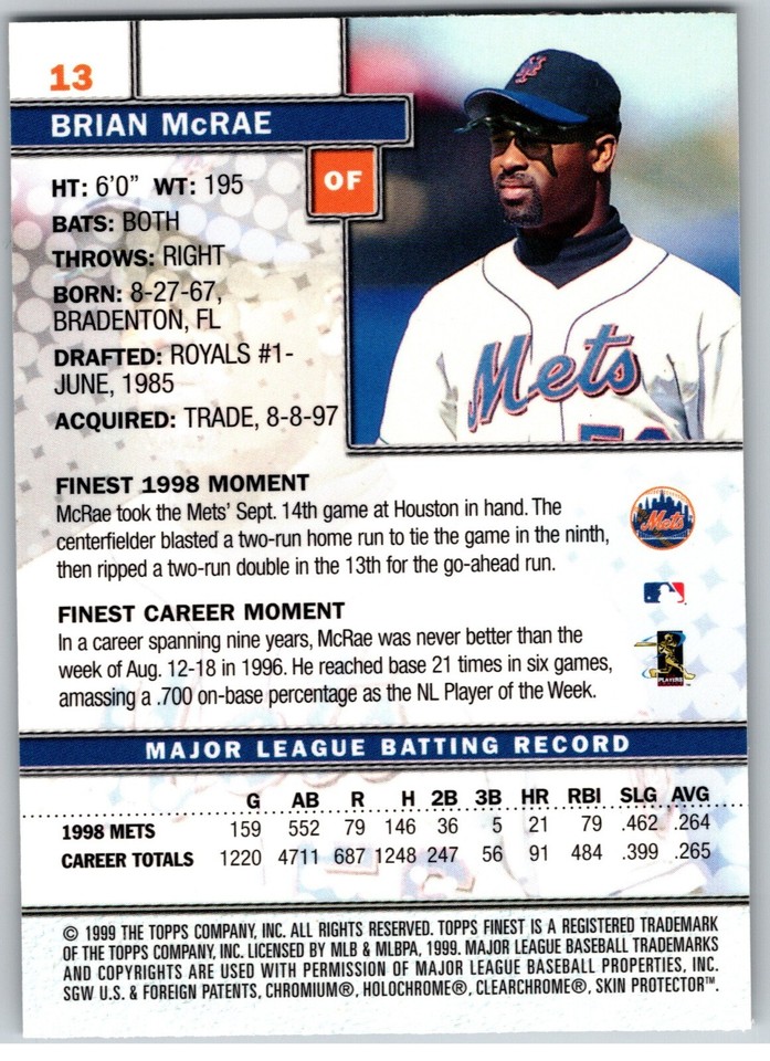 1999 Topps Finest Baseball Card No.13 Brian McRae New York Mets | eBay