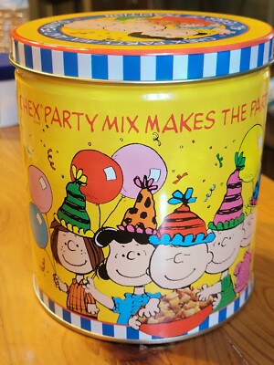 Vtg Chex Party Mix Tin Can w/ Lid Peanuts Gang Recipe 40th Anniversary ...