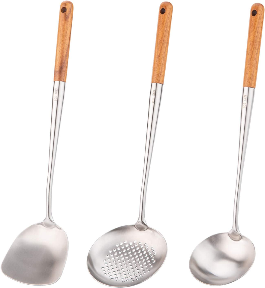 Wok Spatula and Ladle,Skimmer Ladle Tool Set, 17Inches Spatula for Wok ...
