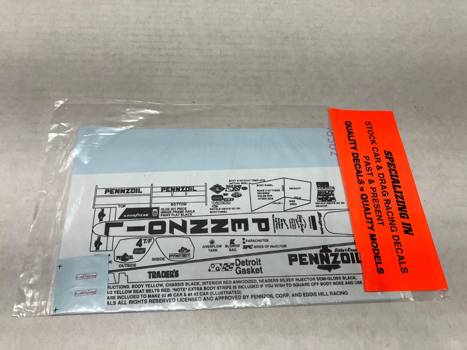 SLIXX 1/25, 1/24 SCALE PENNZOIL FUNNY CAR MODEL KIT DECAL SHEET | eBay