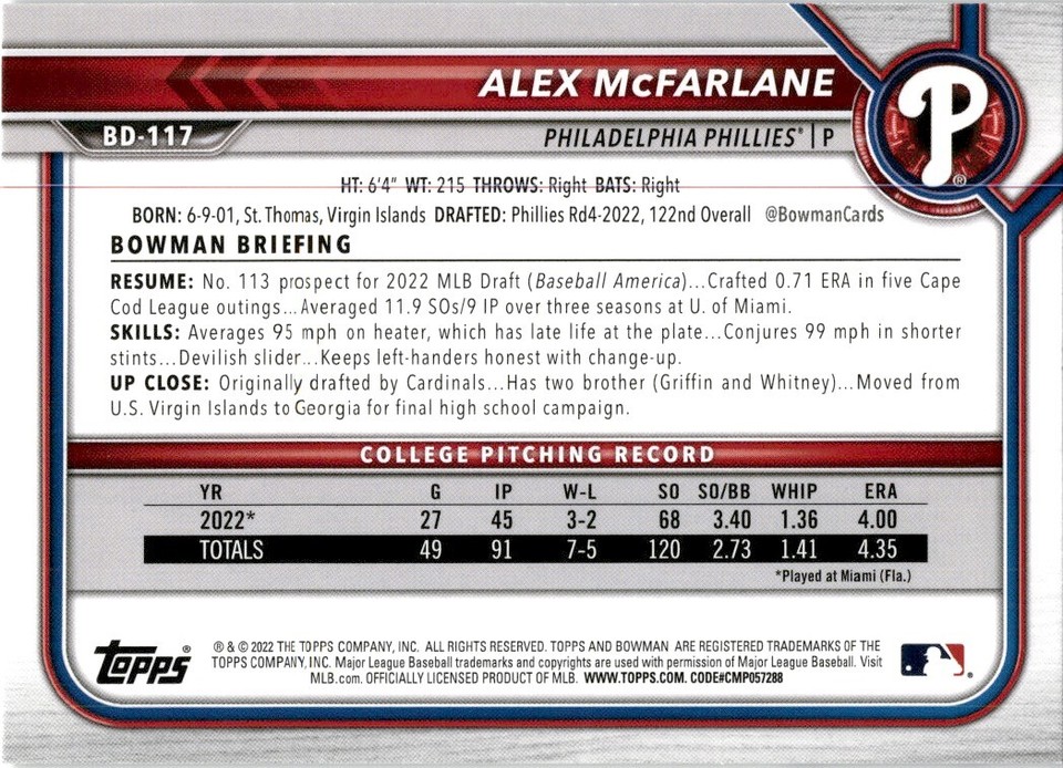 2022 Bowman Draft Baseball Alex McFarlane Rookie Philadelphia Phillies ...