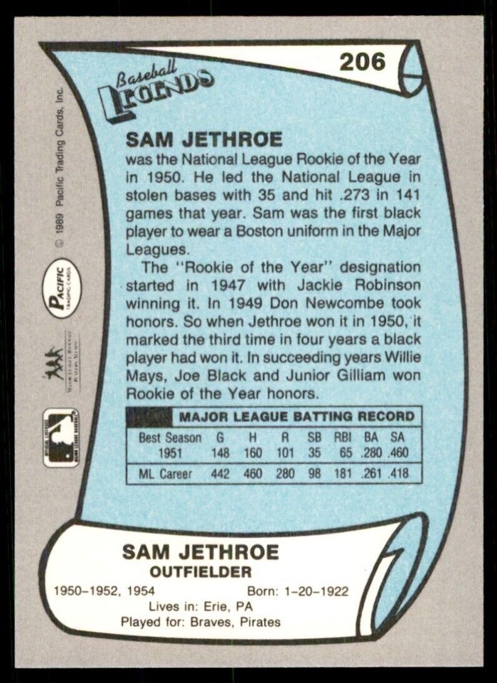 1989 Pacific Sam Jethroe Baseball Cards #206 | eBay