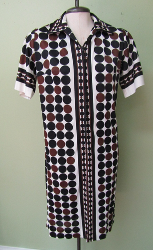 VINTAGE 1970'S NYLON BROWN & BLACK POLKA DOT SHIFT / 44" BUST MEASURE ...