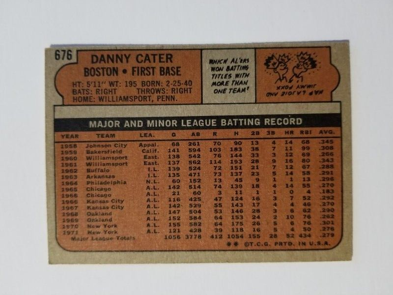 DANNY CATER 1972 TOPPS BASEBALL CARD #676 BOSTON RED SOX | eBay