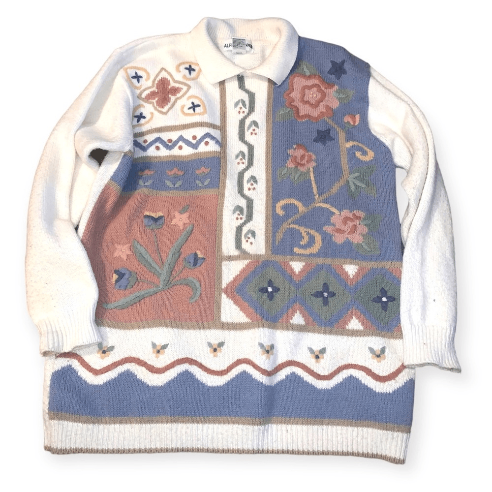 Vintage 90s Womens medium Country Primitive Flower Knit Collared ...