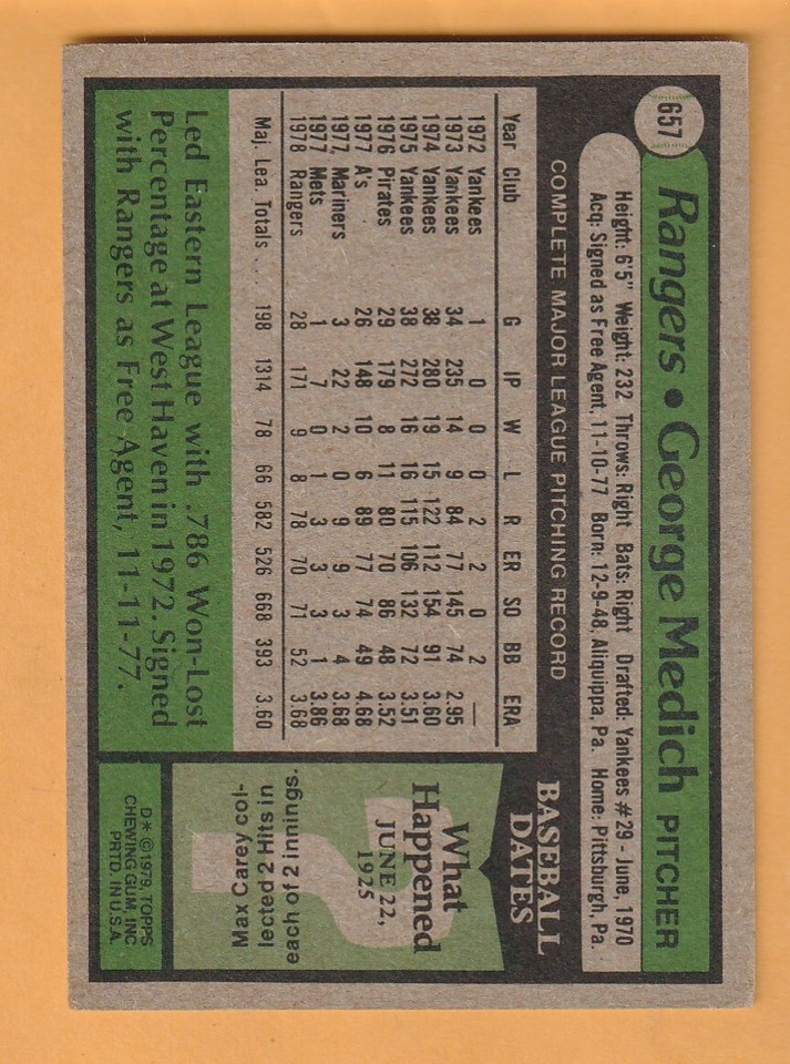 George Doc Medich Texas Rangers AUTO Signed 1979 Topps Pittsburgh ...