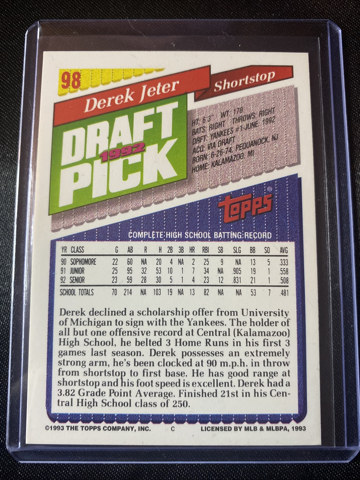 1992 TOPPS DRAFT PICK DEREK JETER ROOKIE CARD RC #98 NEW YORK YANKEES 🔥 ...