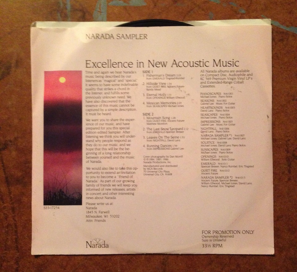 Narada Sampler Vinyl 7" 33 1/3 RPM Record Excellence In New Acoustic ...