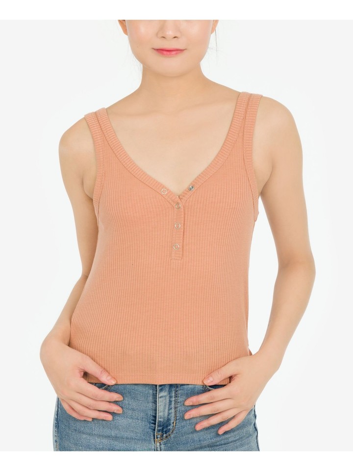 HIPPIE ROSE Womens Beige Stretch Fitted Snap Front Sleeveless V Neck ...