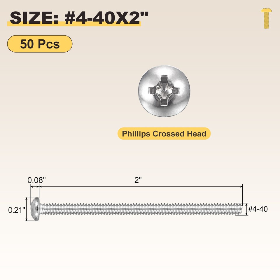 Cross Drive Pan Head Bolts #4-40x2" 50Pcs Stainless Steel for DIY, Silver | eBay UK