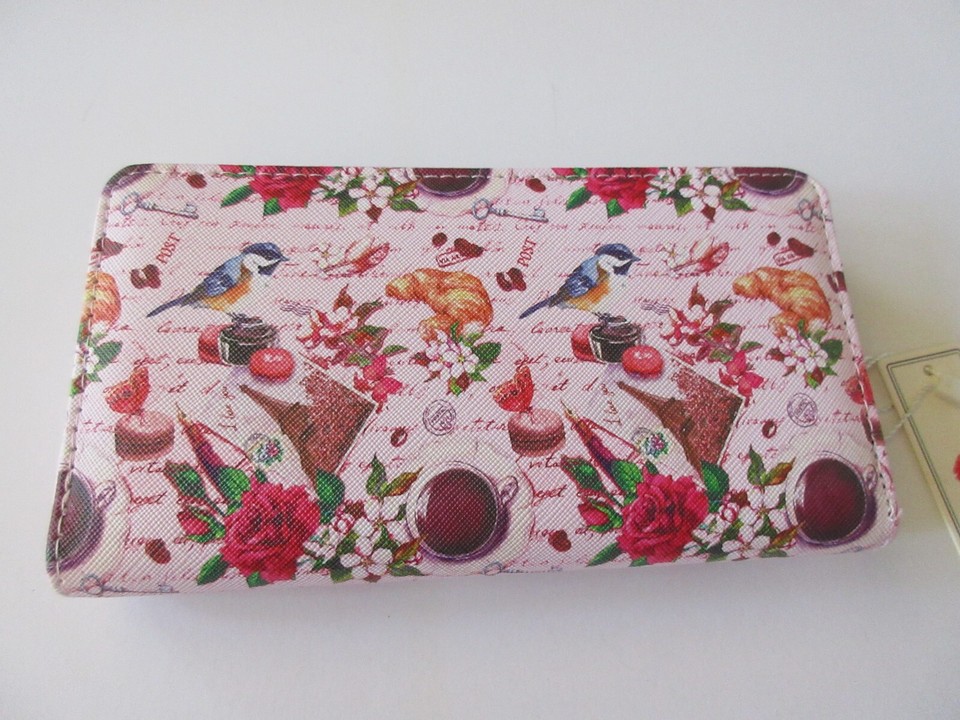 Women's Casual Zip Around Wallet Pink Multi With Red Roses & Birds New ...