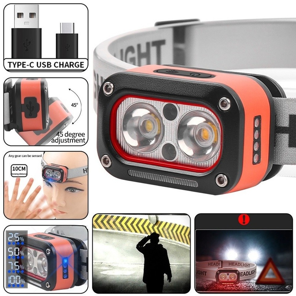 LED Headlight Motion Sensor Headlight Hands-Free Operation For Camping ...