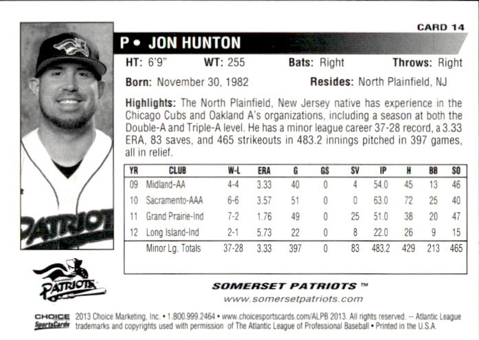 2013 Somerset Patriots Choice #14 Jon Hunton North Plainfield New ...