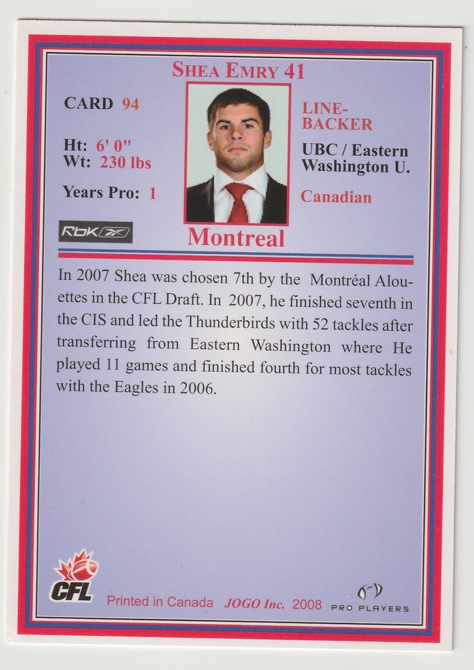2008 Jogo CFL Shea Emry Rookie Card #94 Montreal Alouettes Eastern ...
