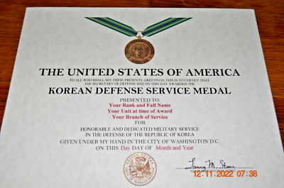 Korean Defense Service Medal Certificate Army Navy Air Force Marines ...