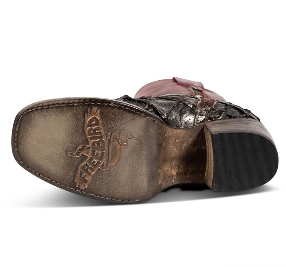 New NIB Freebird Darcy Red Gray Black Multi Fish Leather Harness Boots ...