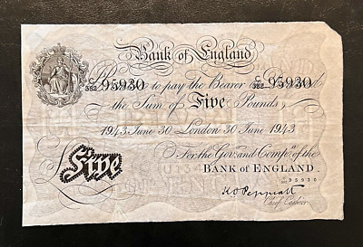 'WHITE FIVER' WWII 1943 BANK OF ENGLAND, LONDON 5 POUND NOTE PEPPIATT ...