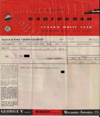 Old 1949 Cunard White Star Radiogram Telegram Received by R.M.S. Queen ...