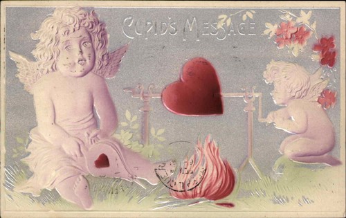 Valentine's Day Cupid Roasts Heart on Fire Airbrushed Embossed c1910 ...