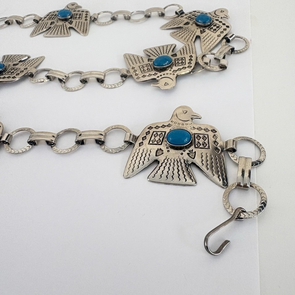 Thunderbird Bird Chain Belt Silver Tone & Faux Turquoise 37” Adjustable ...