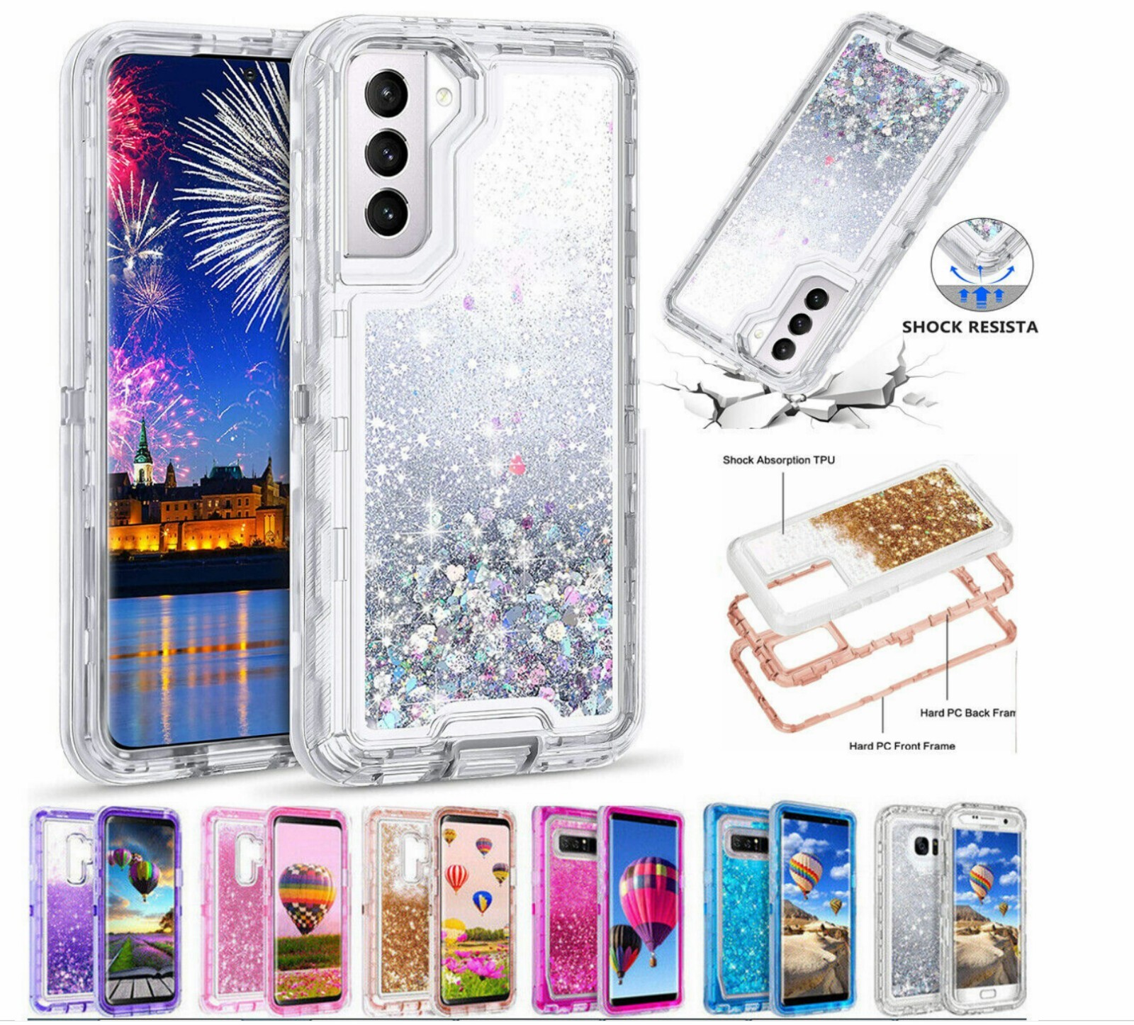 For Samsung S23 S21 S20 Note 20 Ultra Liquid Glitter Bling Defender ...