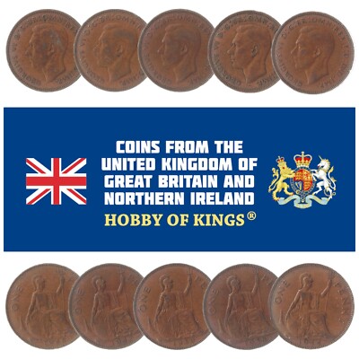 LOT OF 10 GREAT BRITAIN KING GEORGE VI 1 PENNY COINS OLD COLLECTIBLE ...
