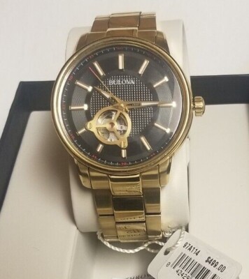 Bulova 97A114 Automatic Skeleton Gold Case SeeThrough Movement S/S Band ...