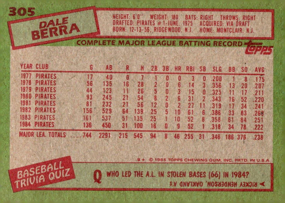 1985 Topps #305 Dale Berra - Pittsburgh Pirates | eBay