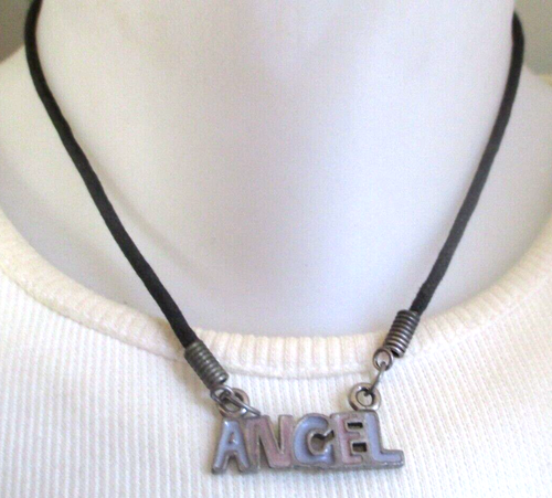 COLLIER cordon rond noir pendentif ANGEL couleur argent émail bijou ...
