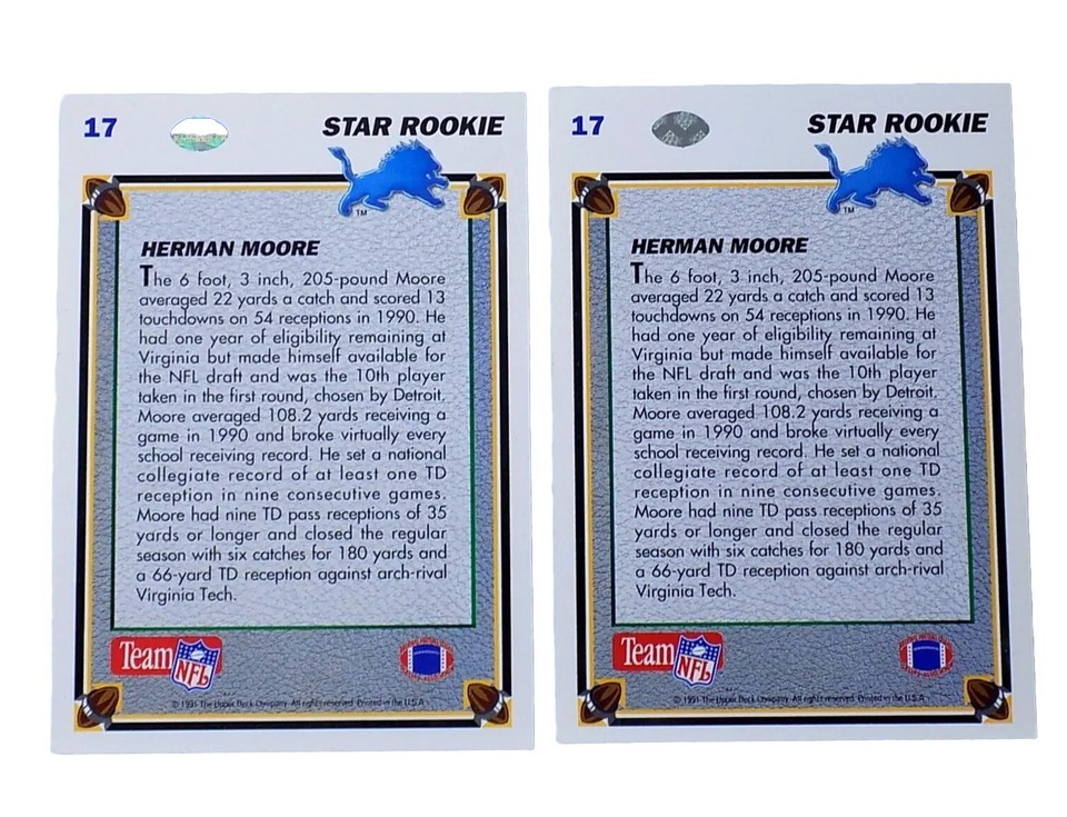 (2) 1991 Upper Deck #17 HERMAN MOORE RCs DETROIT LIONS Rookie Football ...