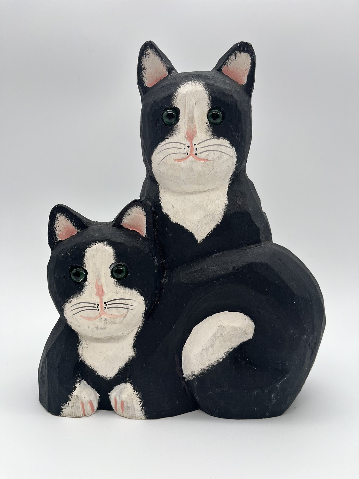Vtg. Wooden Cat James Haddon Hand Carved Signed Folk Art Black & White ...