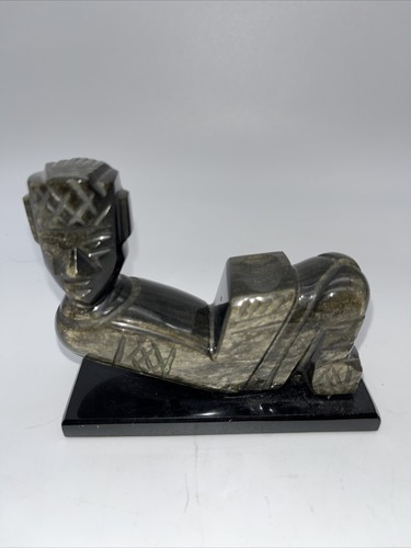 Mayan Aztec Praying Priest Hand Carved Black/ Gray Onyx Figurine 4”x1.5 ...