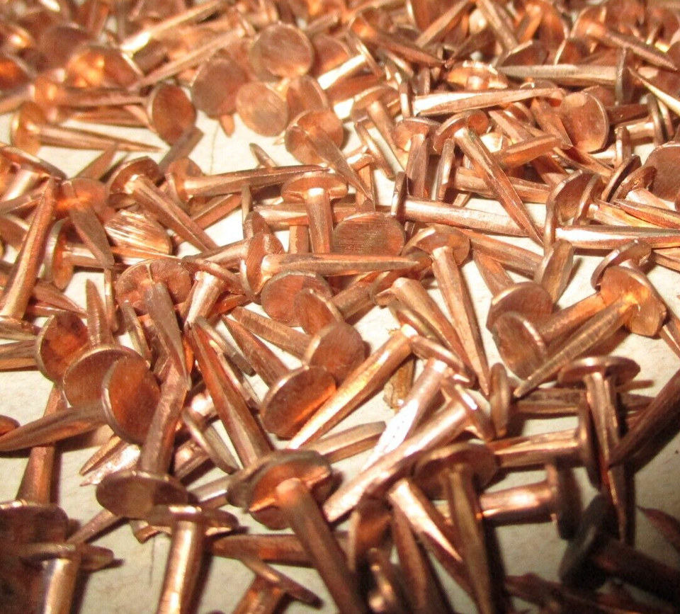 100-VINTAGE 1/2” LONG SOLID COPPER TACKS sharp point's 7/32” WIDE flat ...