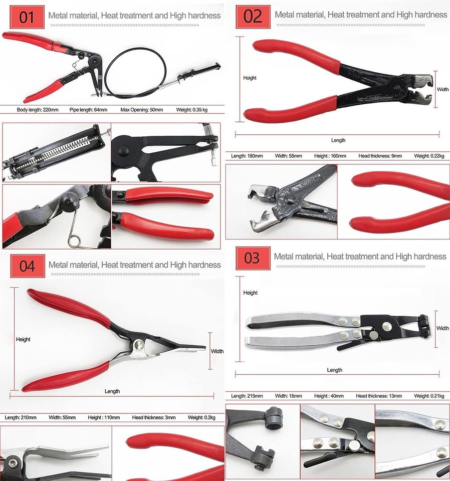 Flexible Automotive Hose Clamp Clip Plier Tool Set Swivel Jaw Flat ...