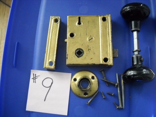 Pre 1876 cast iron horizontal rim lock set with white porcelain door ...